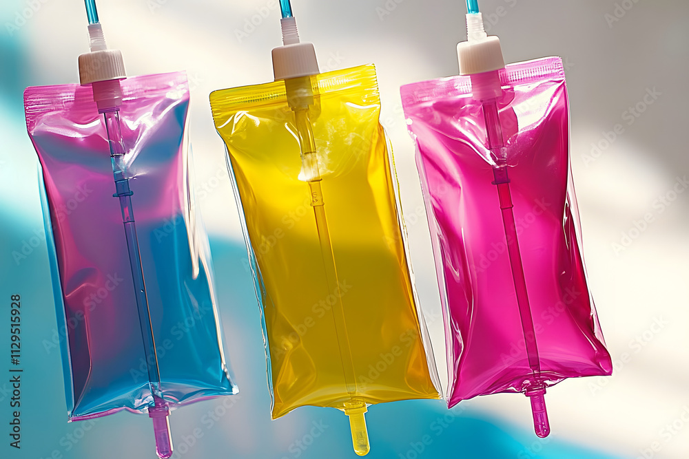 Medical Iv drip bags filled with colorful liquids, IV Vitamin Therapy ...