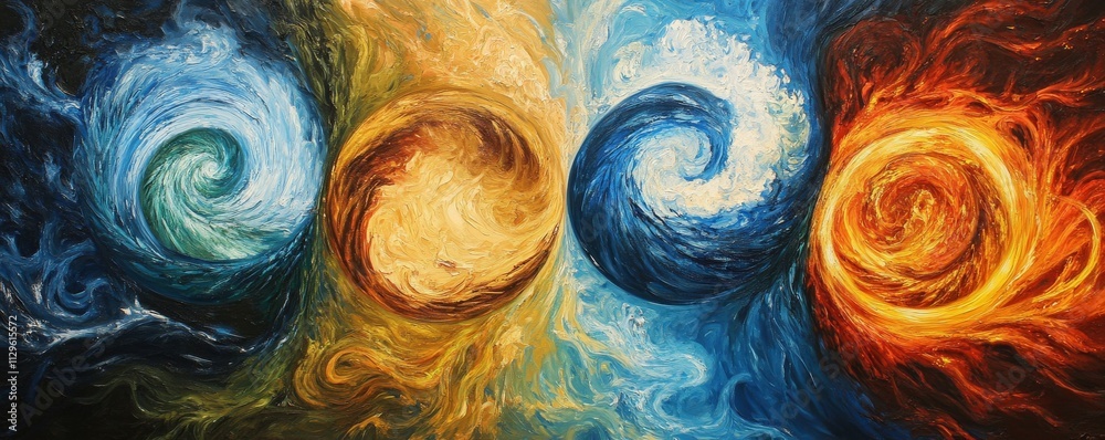 Abstract representation of Earth, Water, Air, and Fire colliding in a ...