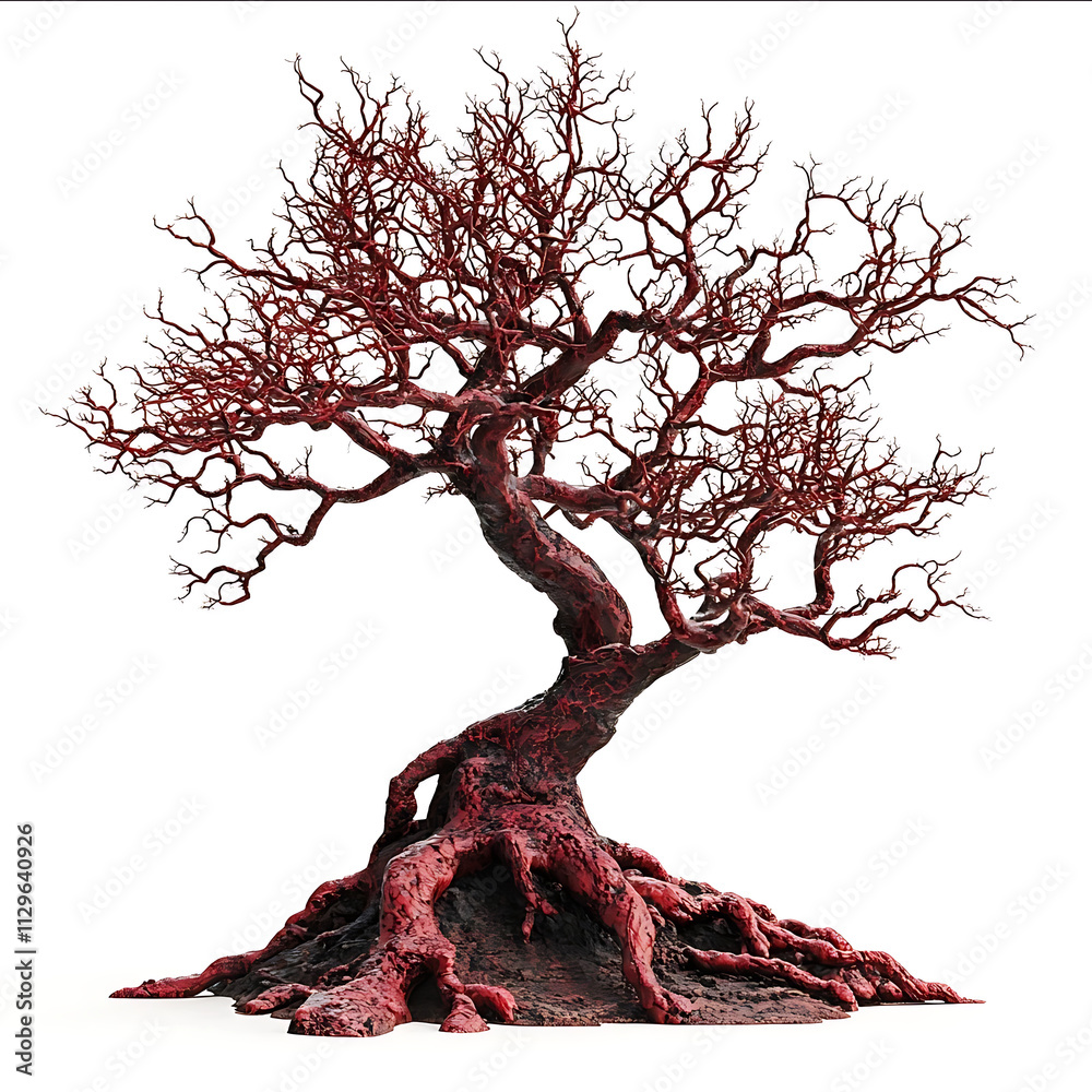 Highly detailed realistic red tree with twisted branches and visible ...