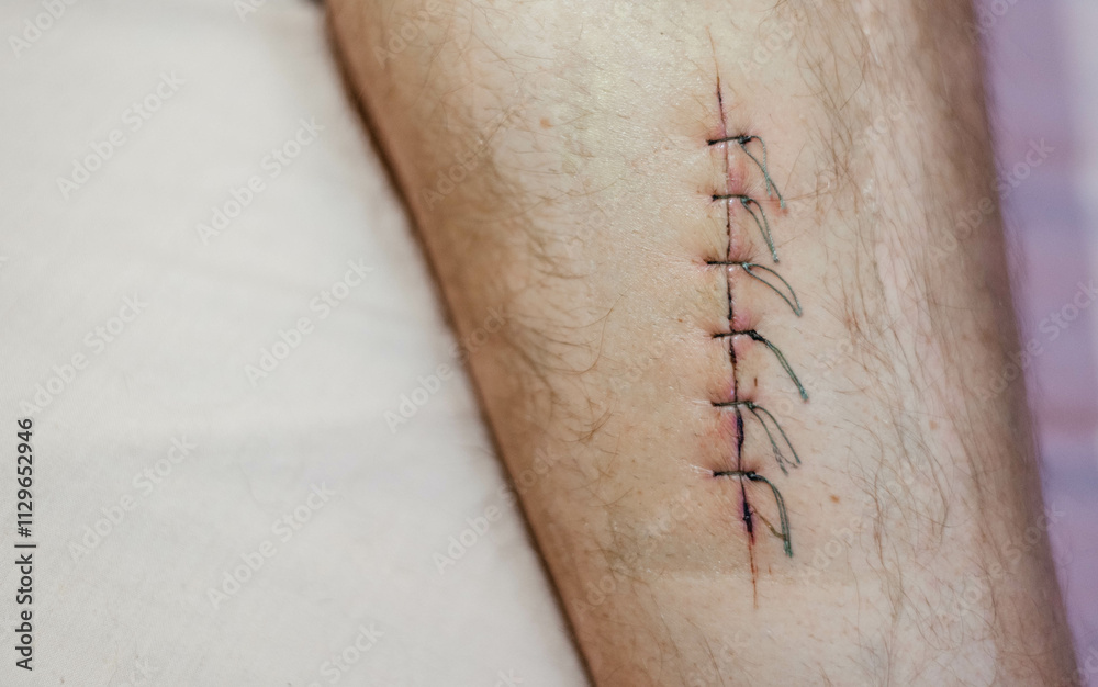 Poster Surgical suture on a man's leg after surgical treatment of a cut ...