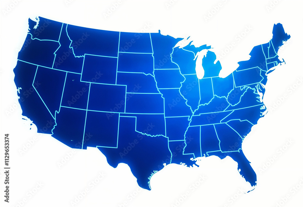 Blue USA map with states borders and names on grunge background, United ...