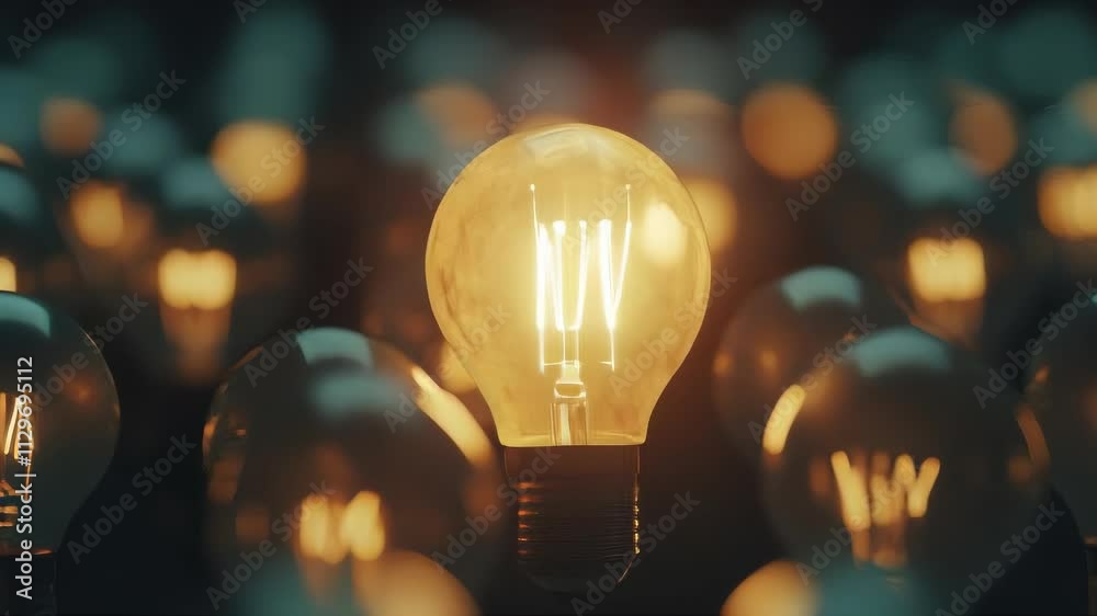 One bright light bulb shines amidst a multitude of unlit bulbs ...