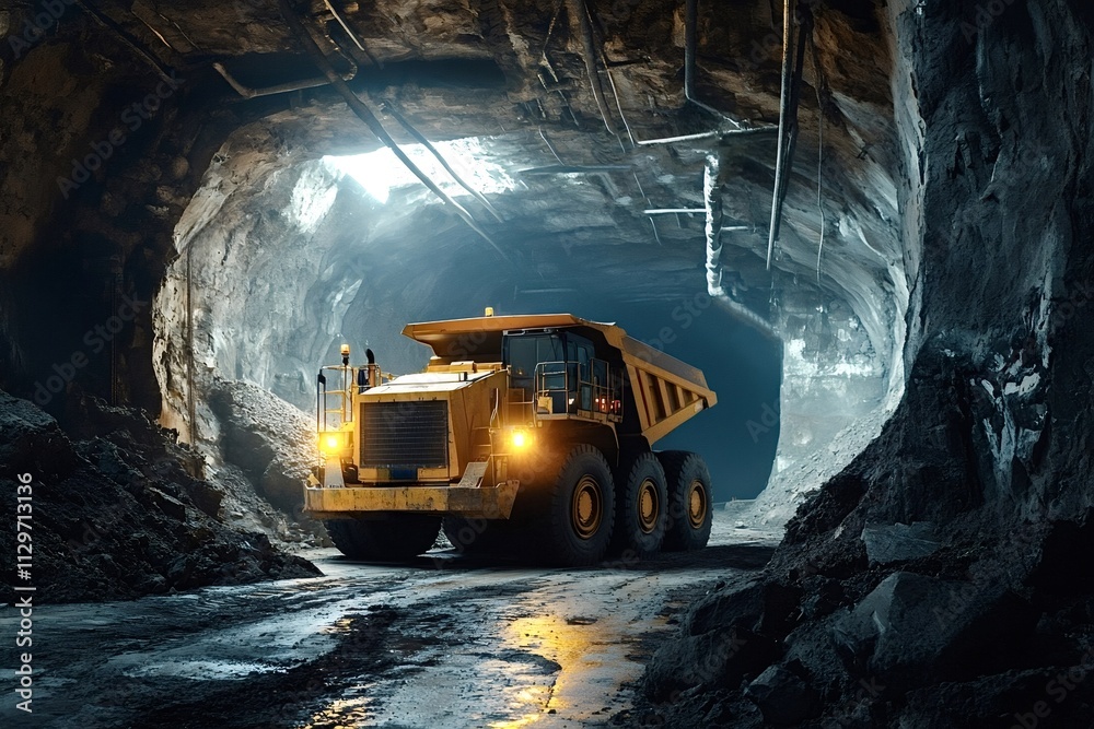 Powerful mining truck transporting extracted minerals inside a dark ...