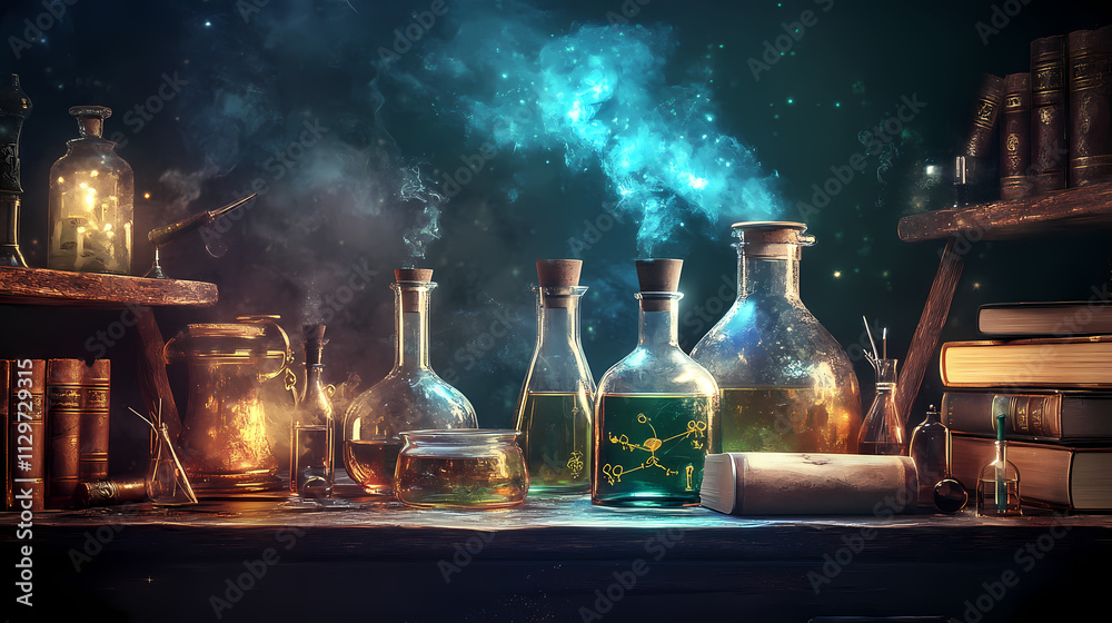 Medieval alchemy laboratory with various flasks and old books during ...