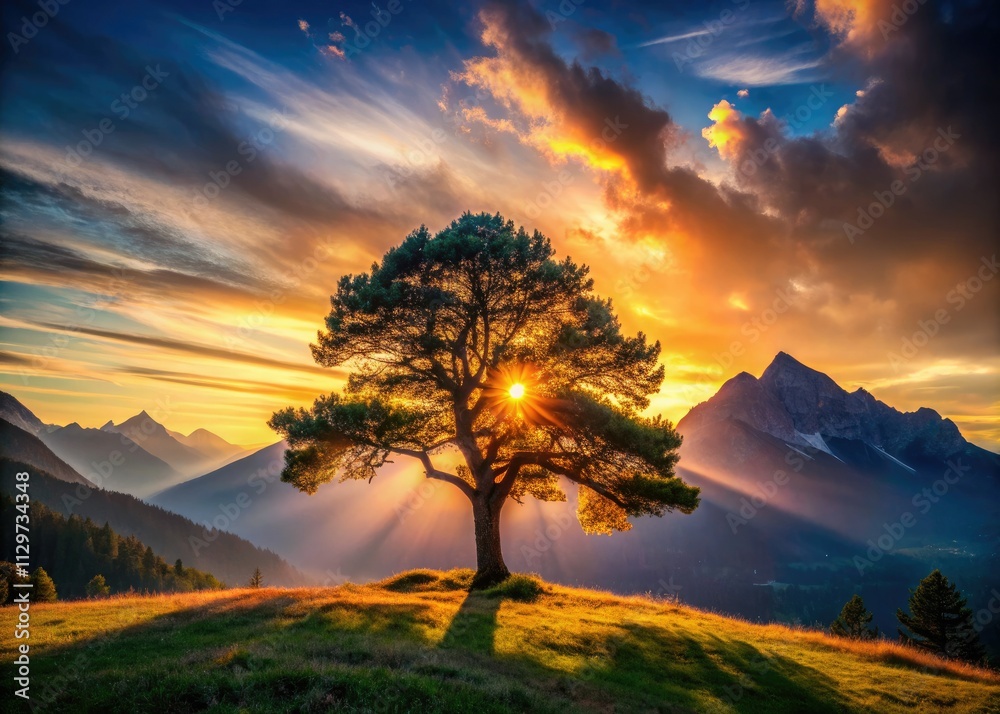 Majestic mountain peak, crowned by a strong, enduring tree: logo design ...