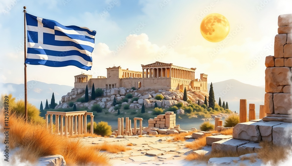 Greek flag waving near the Parthenon in the Acropolis on a sunny day ...