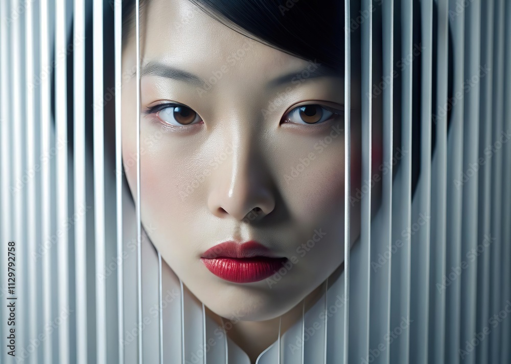 Reeded Glass. Ribbed Background. Model hidden behind mirror pattern ...