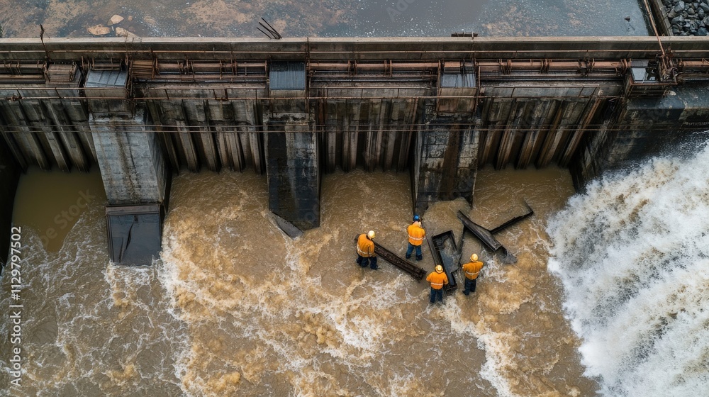 Workers Conducting Maintenance at a Dam During High Water Flow ...