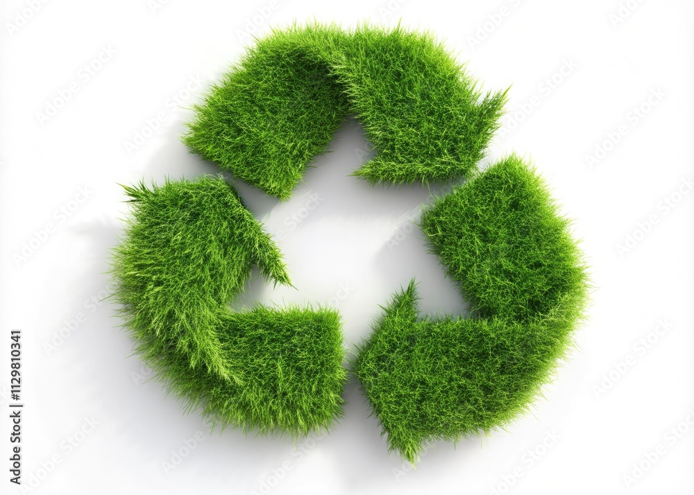 Realistic 3D green recycle symbol, grass texture, casting a shadow, on ...