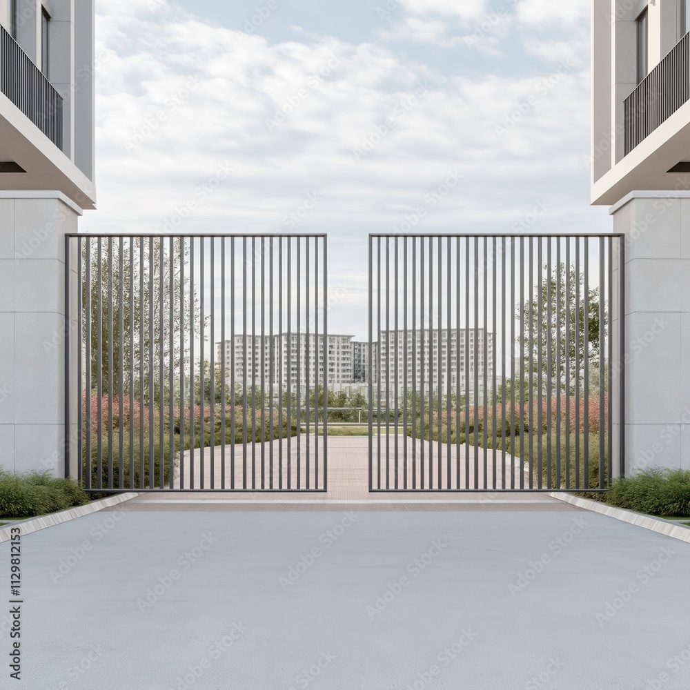 Automatic gates open at a condominium entrance. Modern architecture ...