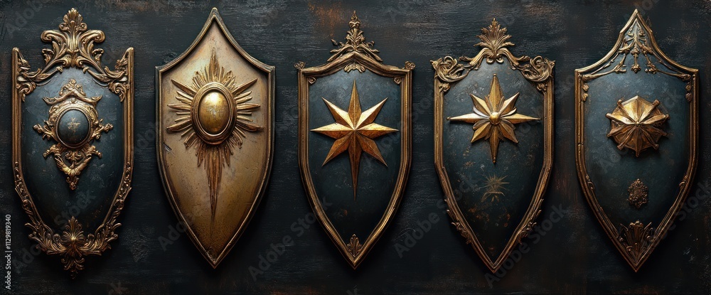 Fantasy Game UI Design with Ornate Shields, Gold and Silver Frames ...