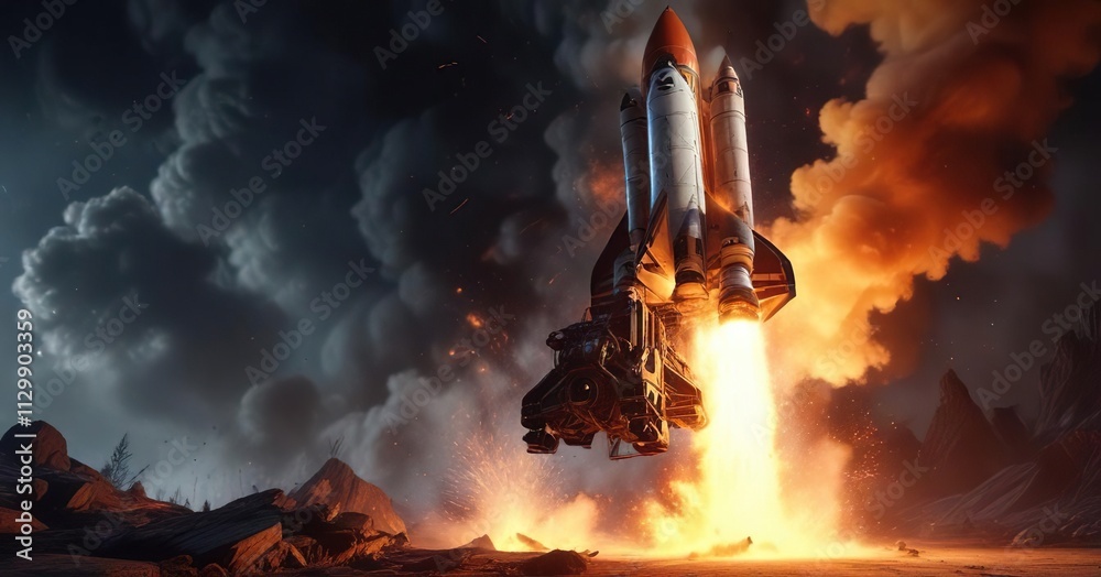 Roaring rocket leaving a trail of fire and smoke , launch, sound, sky ...