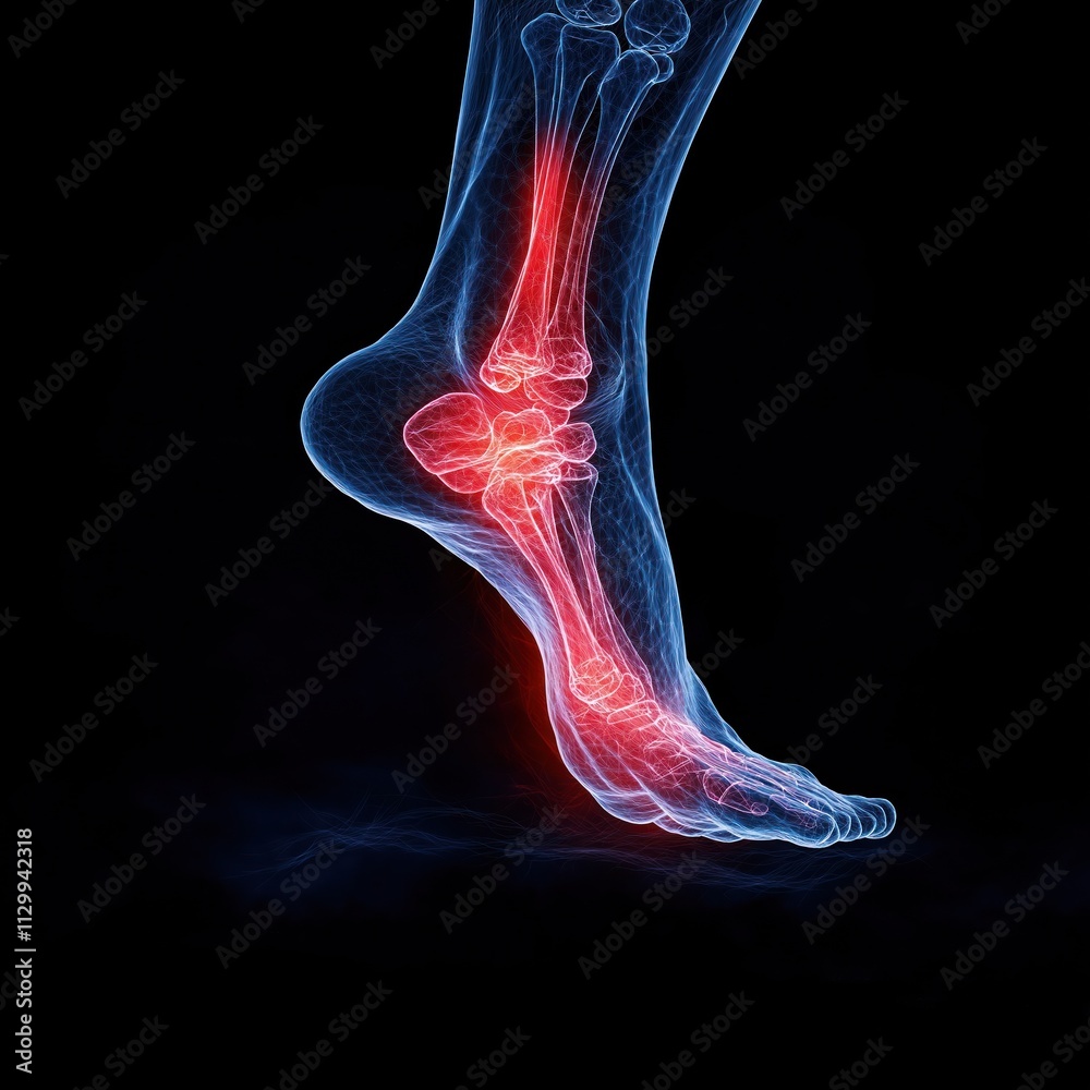 Medical illustration highlights plantar fasciitis, heel spur. Foot ...