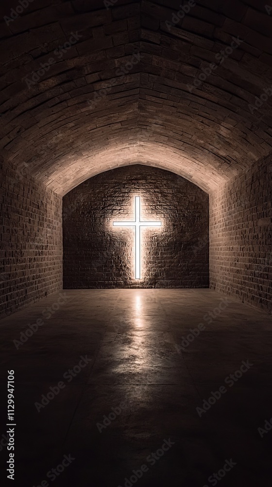Poster An ancient underground crypt with arched ceilings, dimly lit by ...