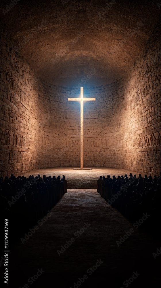 Fotografia An ancient underground crypt with arched ceilings, dimly lit ...
