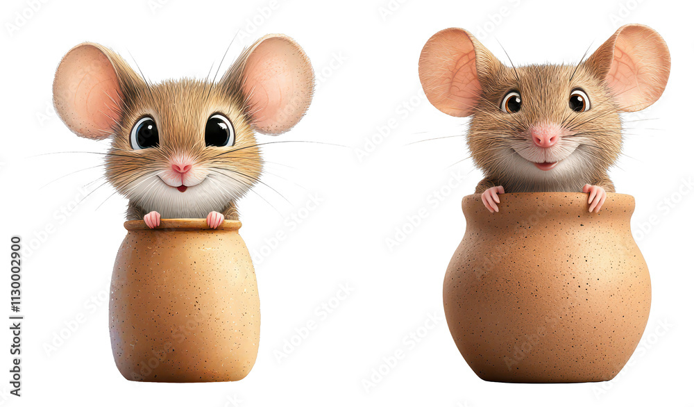Two adorable cartoon mice peek from clay pots, showcasing big eyes and ...