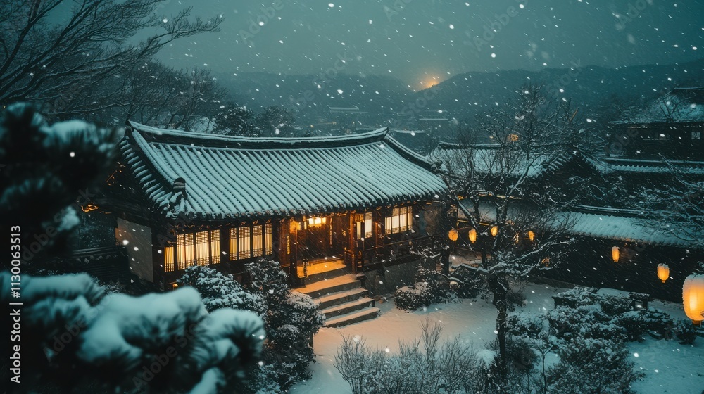 An enchanting winter night view of a Korean hanok courtyard covered in ...