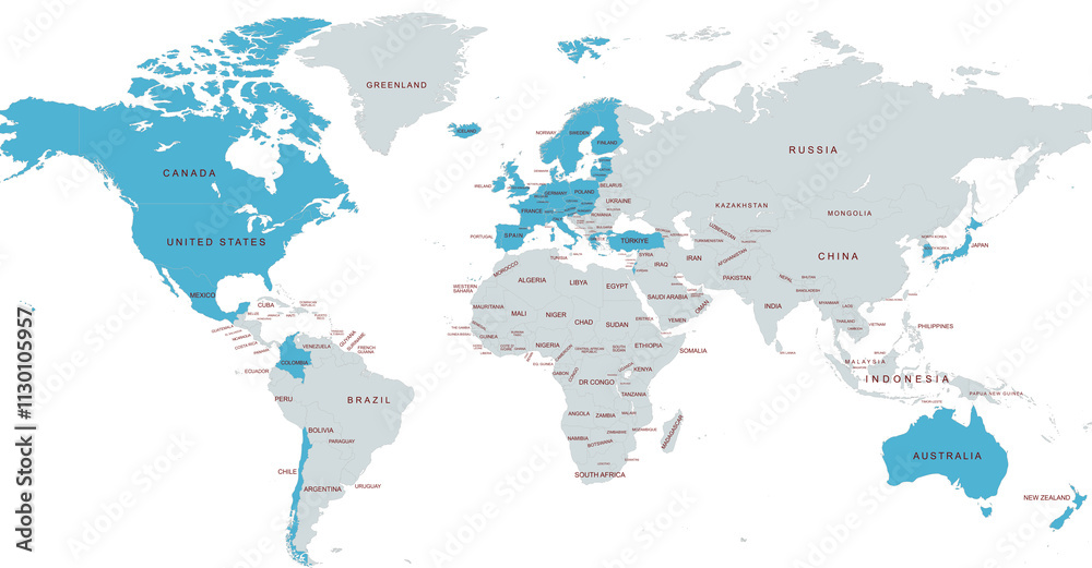 Highlighted Map Displaying oecd Countries and Global Context Stock ...