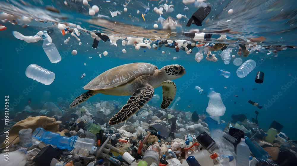 powerful image of a sea turtle swimming through a sea of plastic debris ...
