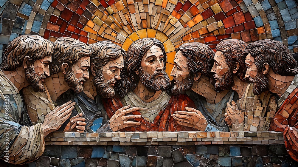 Mosaic scene of the Last Supper, Jesus and the apostles in animated ...