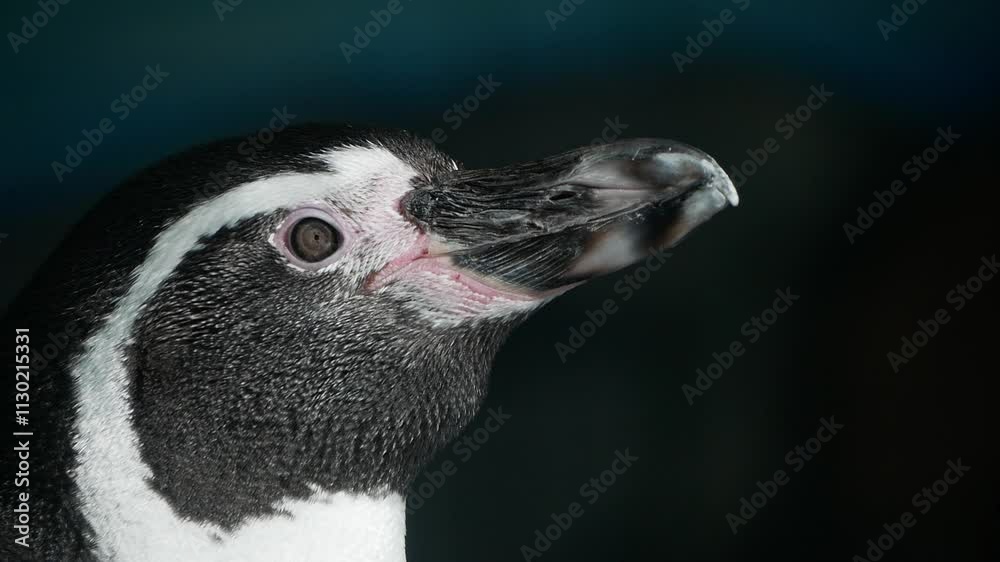 Penguin captured in side profile with intricate black-and-white feather ...