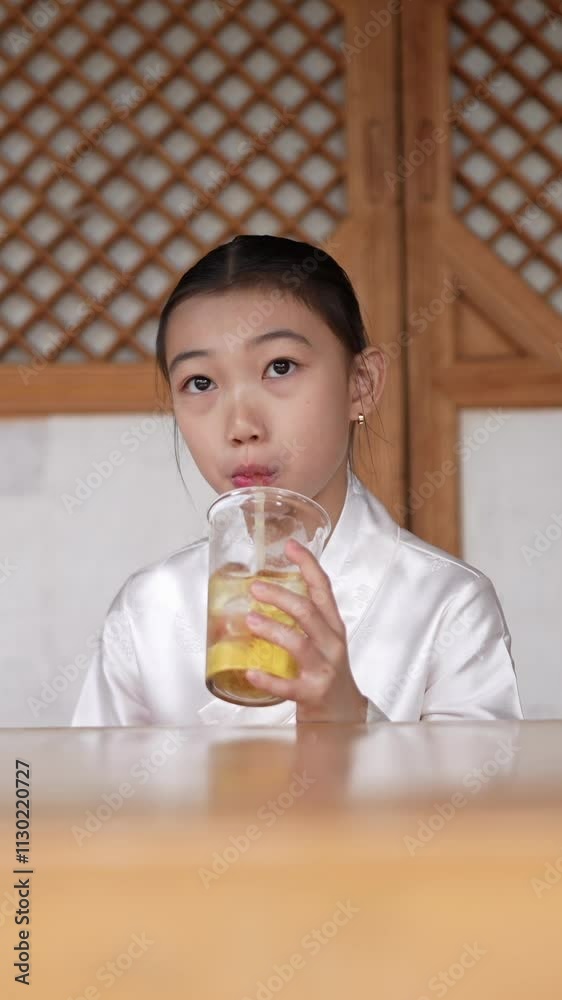A 9-year-old Korean girl in a Hanbok drinks tea in a historical ...
