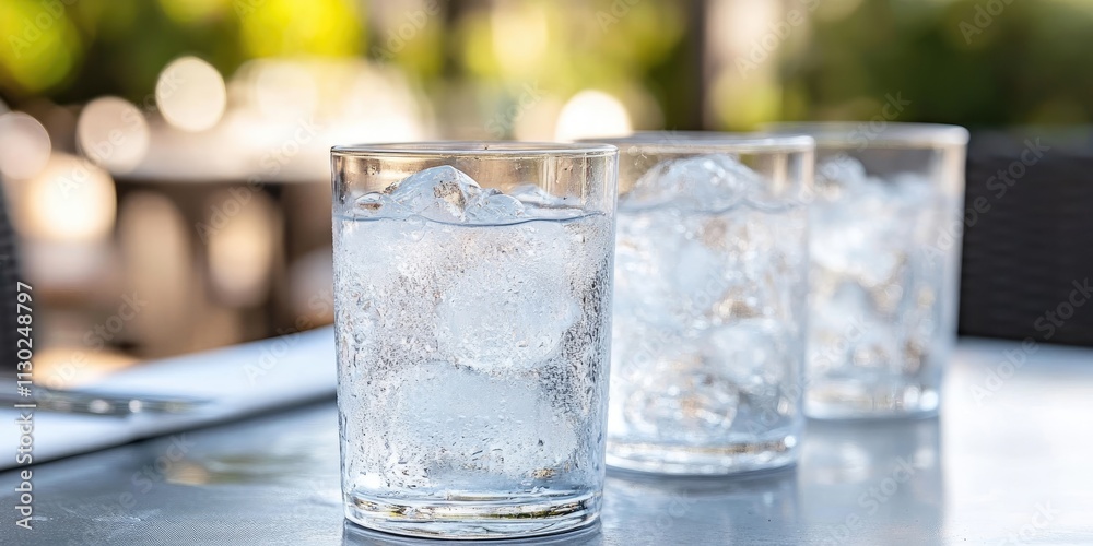 Refreshing ice water served in clear glass cups on a dinner table ...