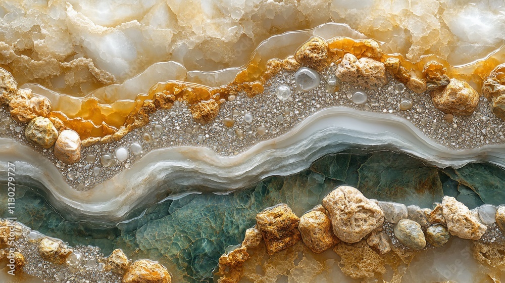 Abstract agate stone texture with wavy lines, gold, beige, and teal ...