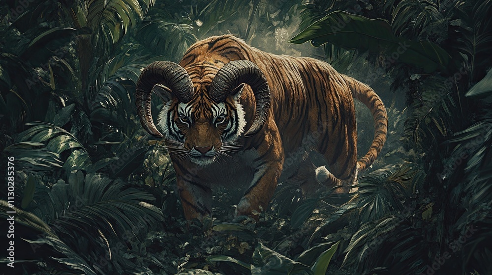 Majestic Ram-Horned Tiger in Lush Jungle. A powerful, digitally ...