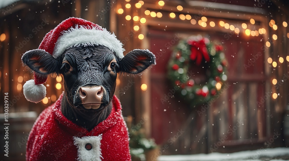Whimsical cow wearing Santa attire, posing by a decorated barn with ...