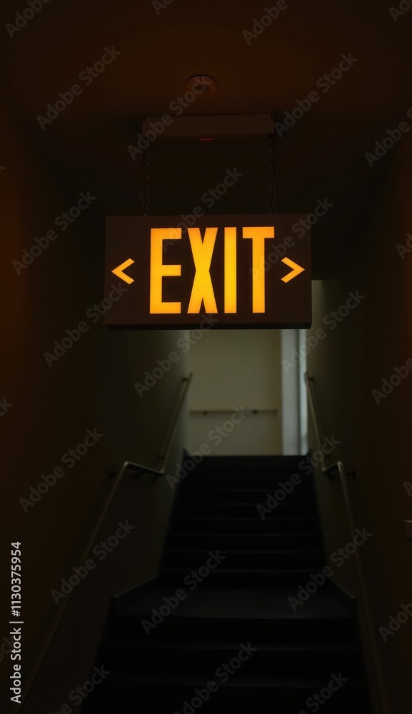 Illuminated EXIT sign hanging above stairs in a dimly lit corridor for ...