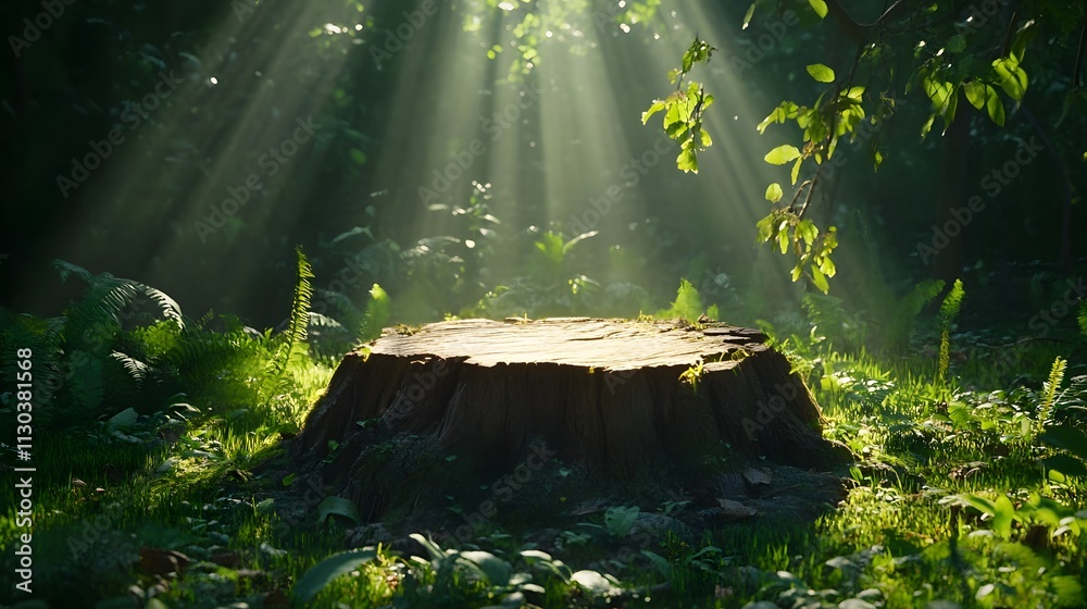 A cinematic still of an empty tree stump in the forest, with rays of ...