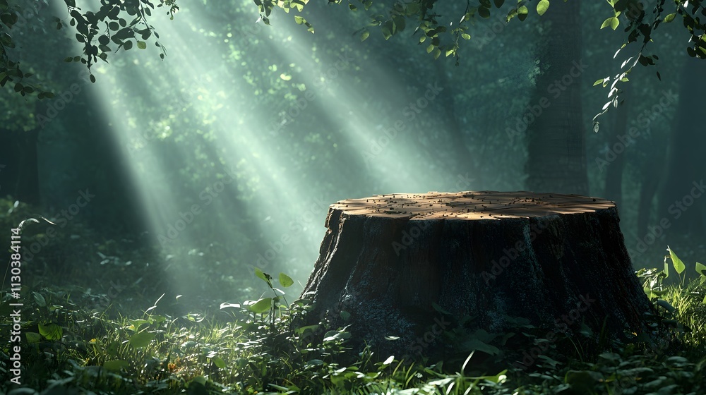 A cinematic still of an empty tree stump in the forest, with rays of ...