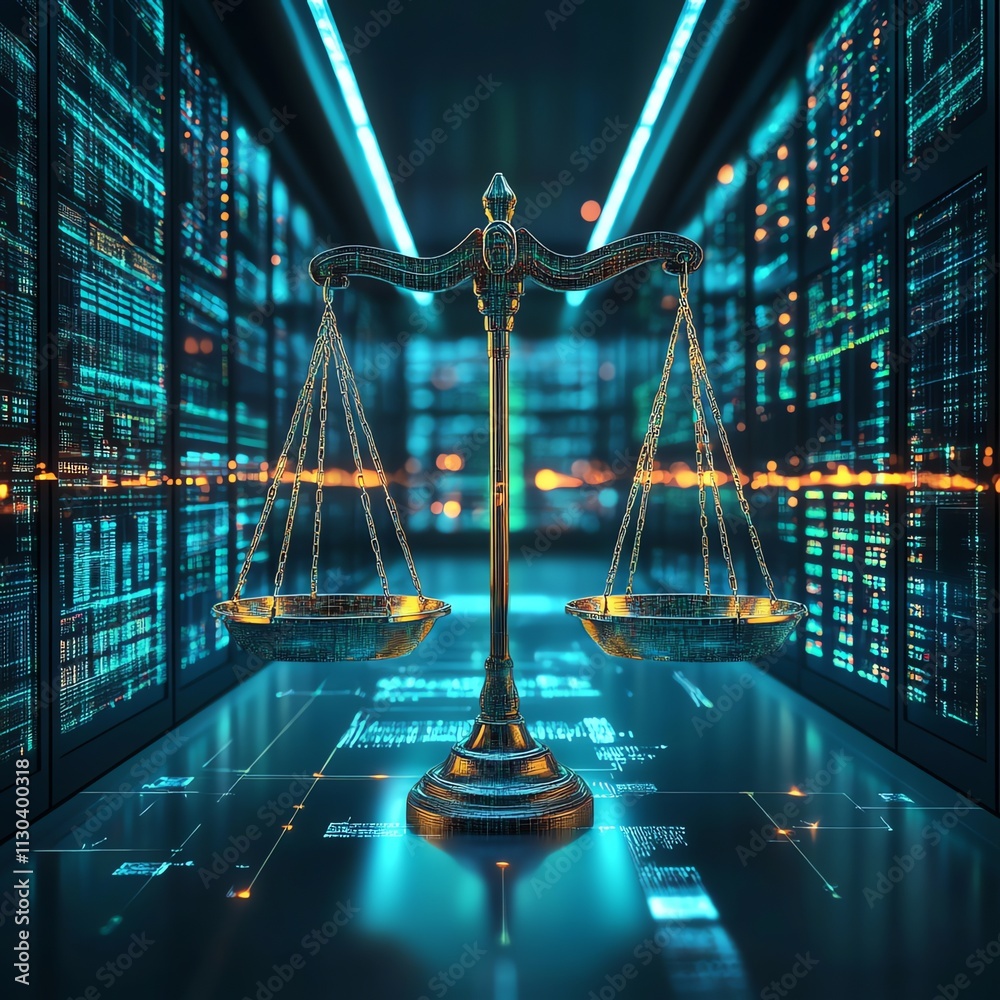 Scales of justice in a server room, symbolizing the balance of law and ...