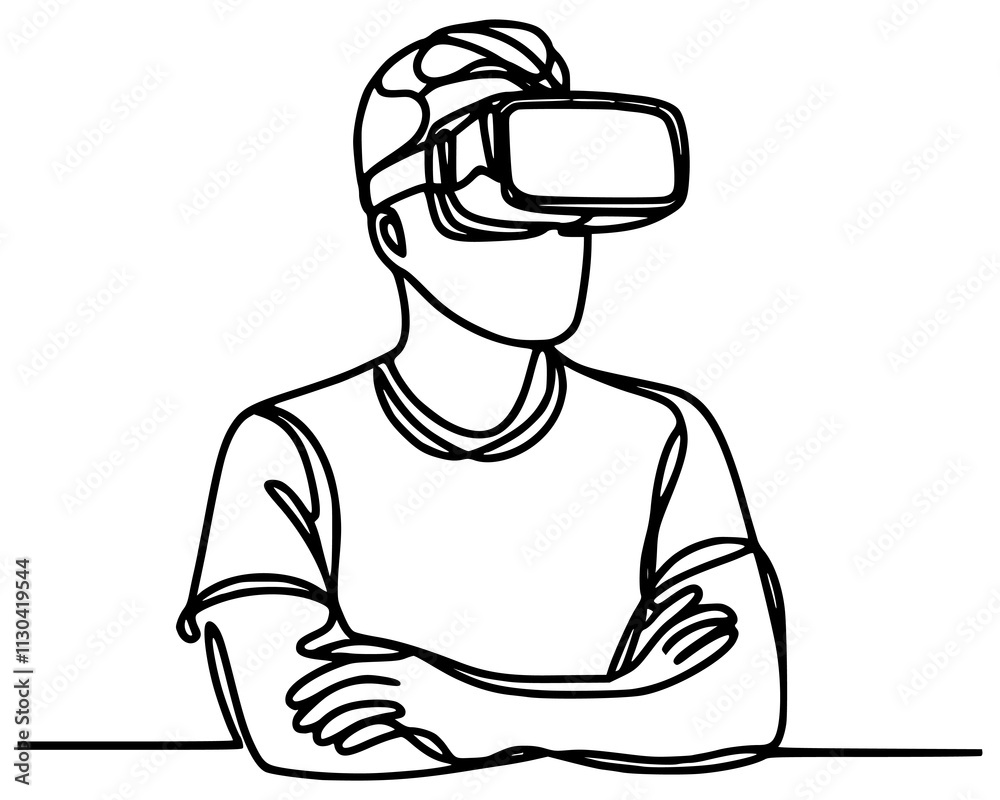 one line drawing man wearing virtual reality VR goggle vector ...