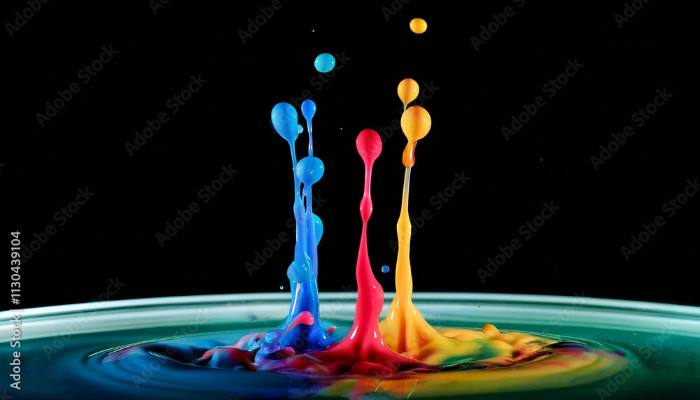Blue, red and yellow paint falling into water with circles waves on ...
