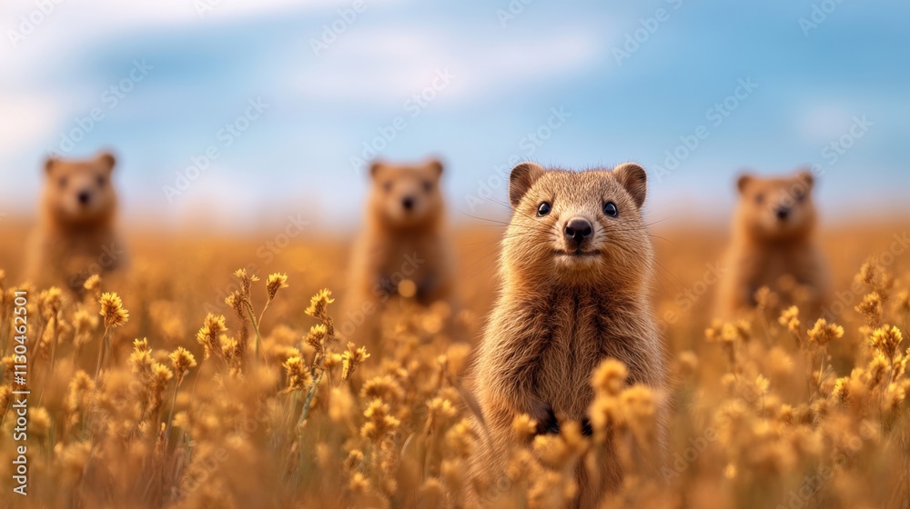 A group of quokkas on Rottnest Island, one of them smiling adorably ...