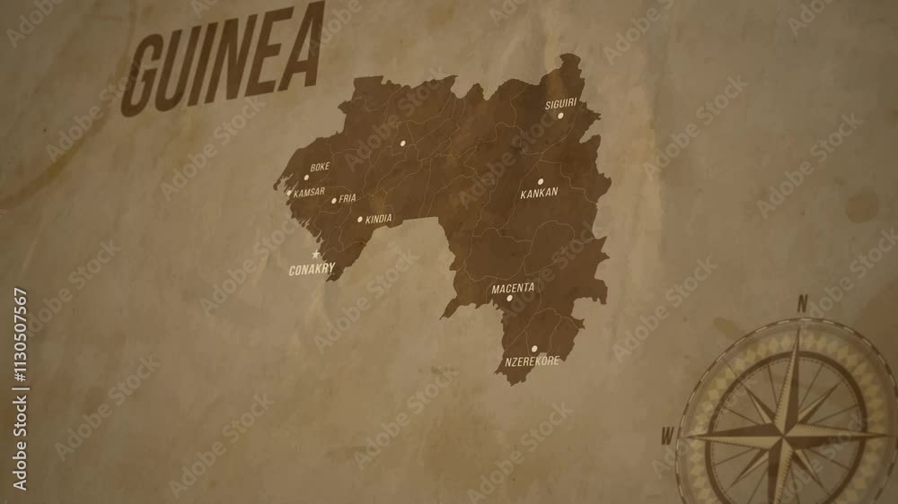 Vintage Map of GUINEA with states Borders and Major Cities Positions 素材 ...