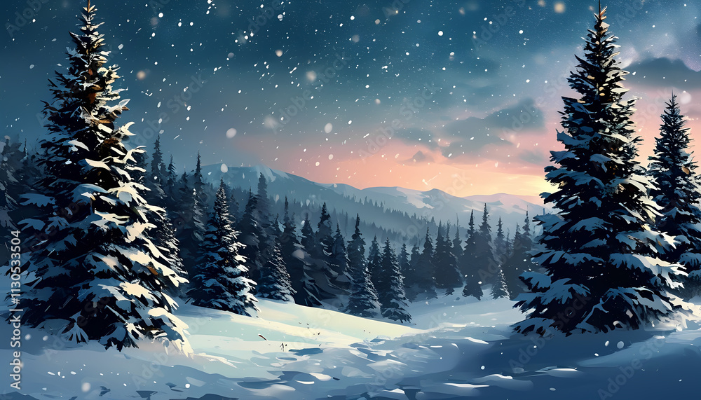 Christmas banner. Beautiful night scene with fir trees. Winter card ...