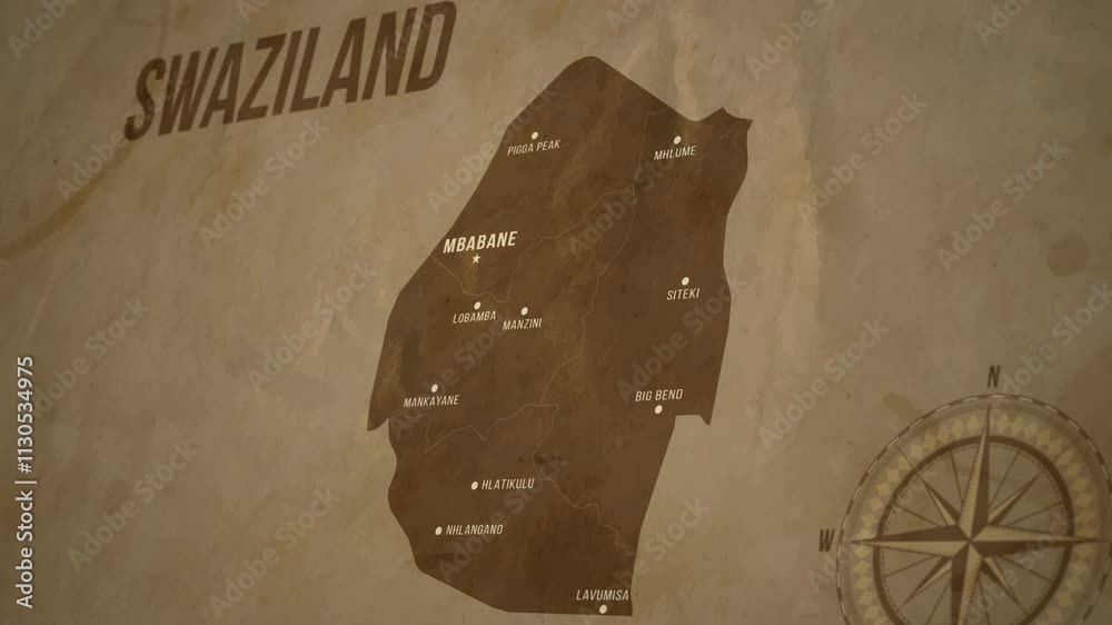 Vintage Map of SWAZILAND with states Borders and Major Cities Positions ...