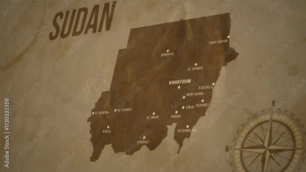 Vintage Map of SUDAN with states Borders and Major Cities Positions ...