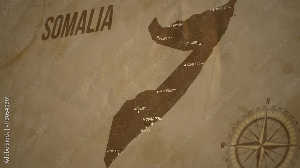 Vintage Map of SOMALIA with states Borders and Major Cities Positions ...