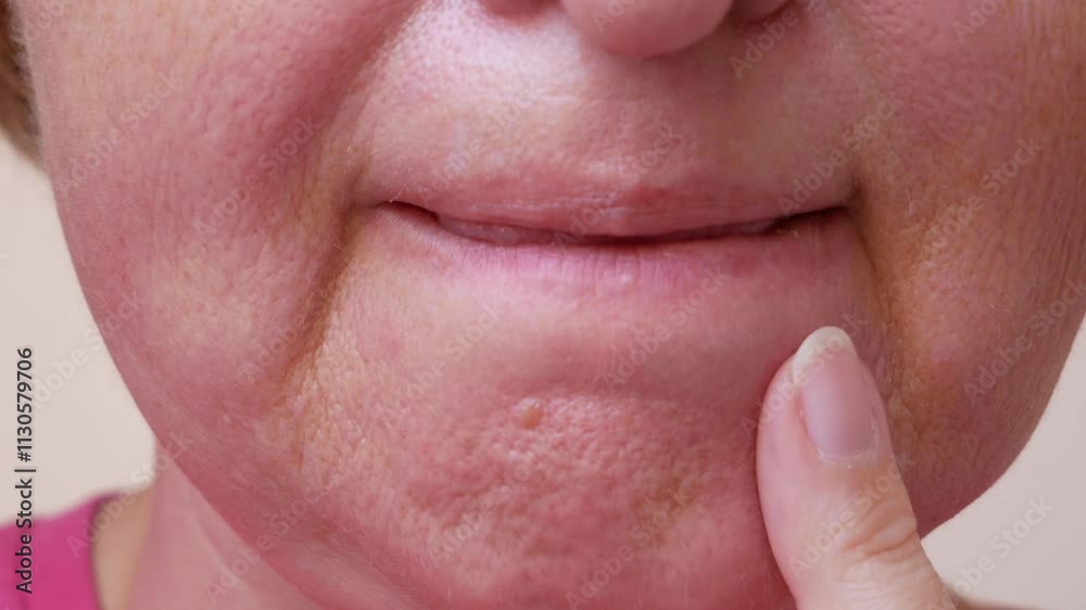 stomatitis in mouth closeup, close-up on the lip with aphthous ...