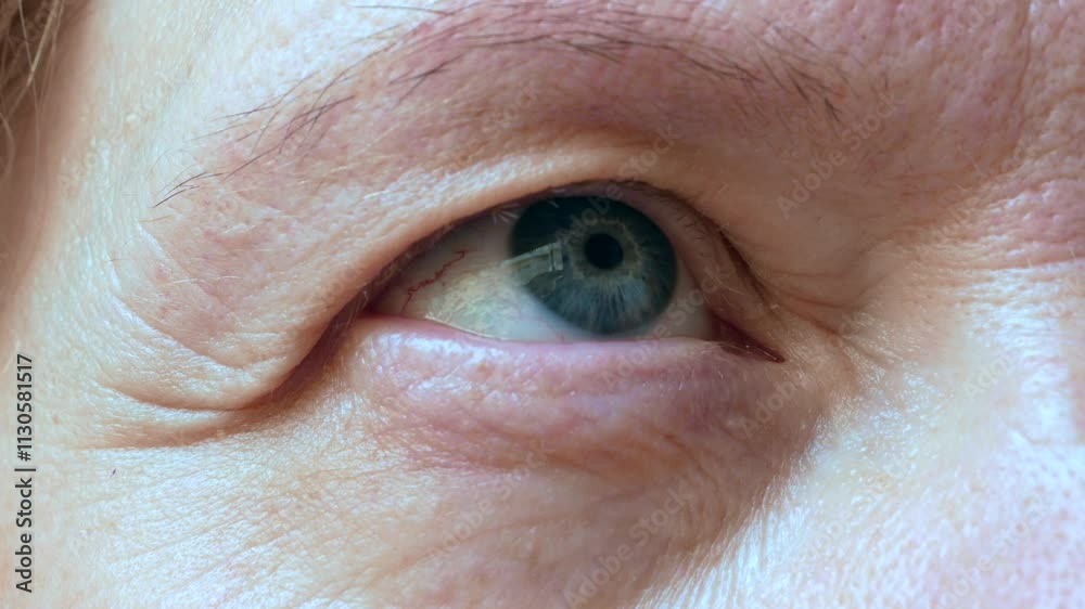 middle aged female's face with drooping eyelid eyes. Ptosis is a ...