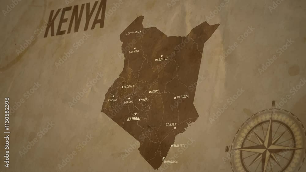 Vintage Map of KENYA with states Borders and Major Cities Positions ...