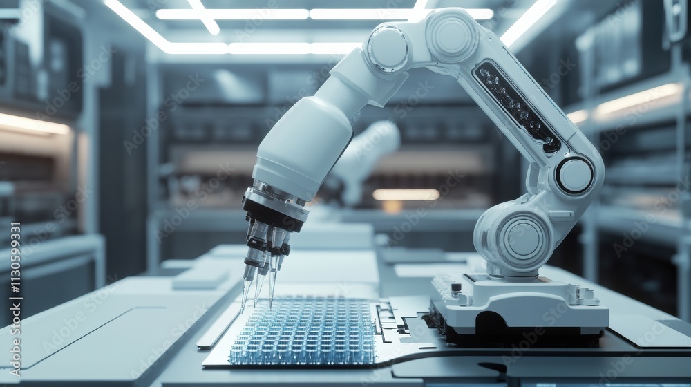 Robotic precision tasks in a high-tech laboratory, with a robot arm ...