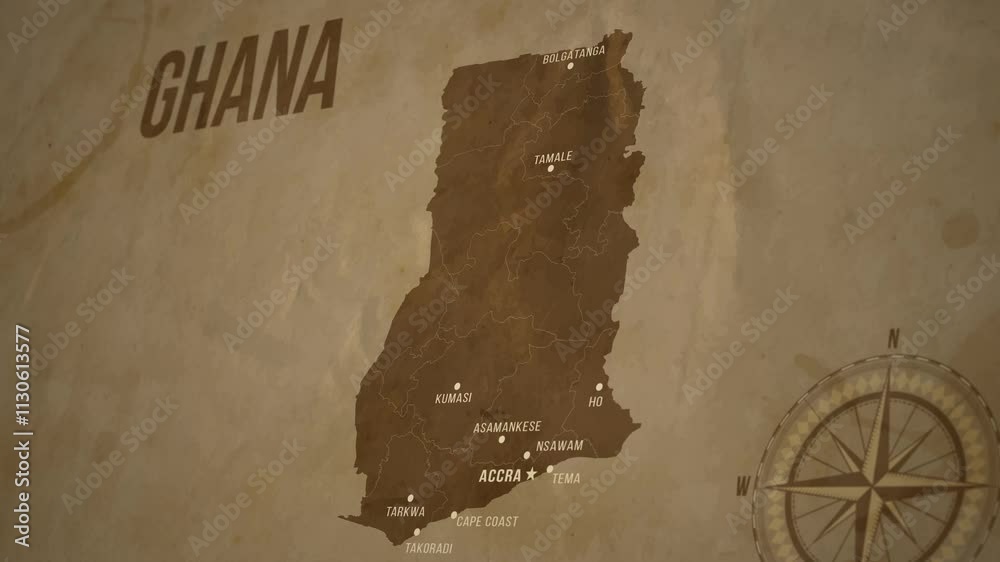 Vintage Map of GHANA with states Borders and Major Cities Positions ...