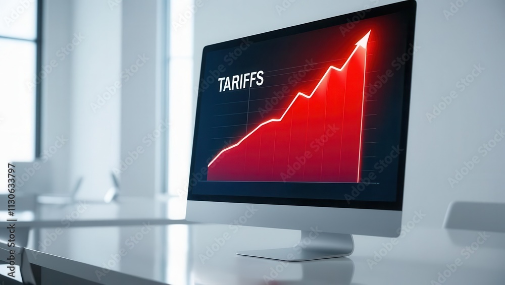 A computer monitor displays a red graph indicating rising tariffs ...