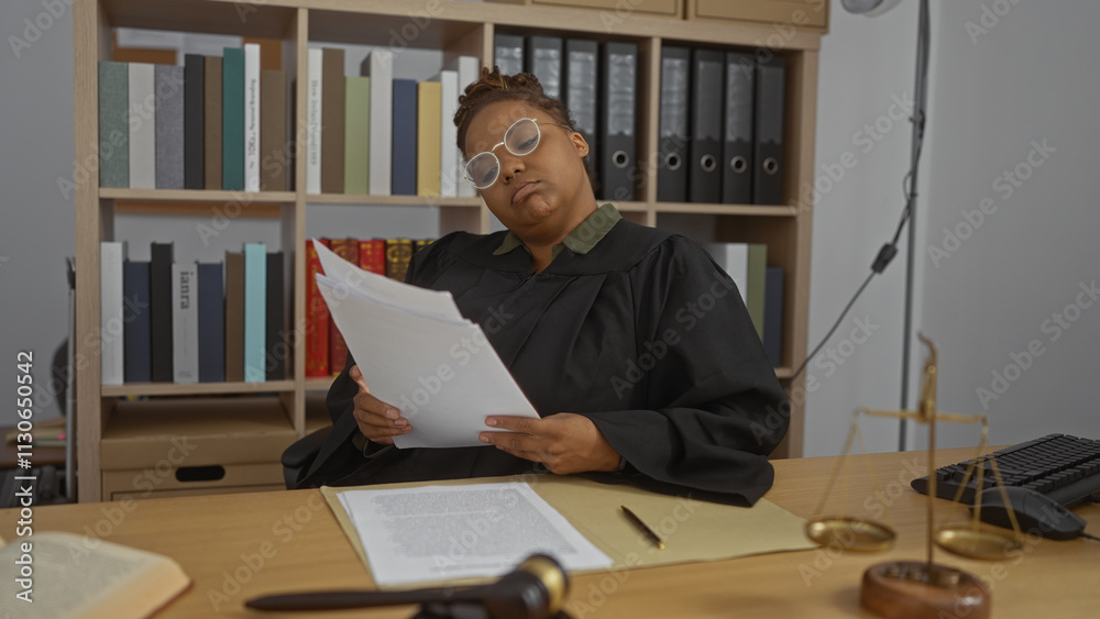 Woman judge in courtroom reviewing documents in front of bookshelves ...