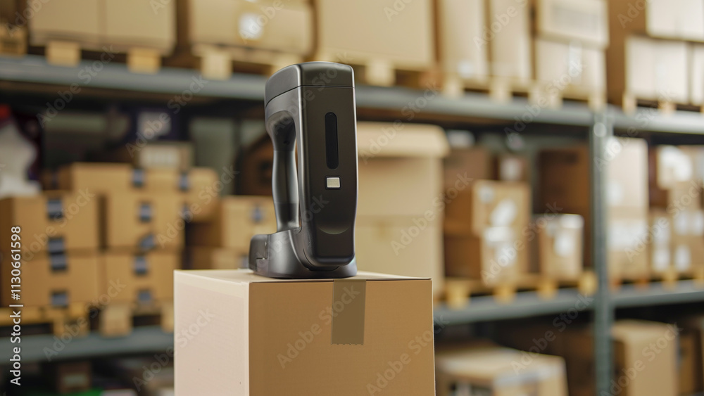 handheld barcode scanner rests on cardboard box in warehouse, ready to ...
